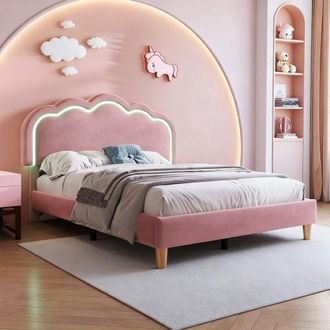 Generic LED-Einzelbett mit verstellbarem Kopfteil und Samtbezug, 90x200 cm Polsterbettgestell in Rosa mit Lattenrost für Schlaf- und Gästezimmer (Pink)