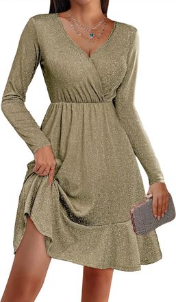 Zeagoo Damen Kleider Langarm Glitzerkleid Elegant V-Ausschnitt Sparkly Kleid Einfarbig Knielang Partykleid Sexy Cocktailkleid Abendkleid Khaki L