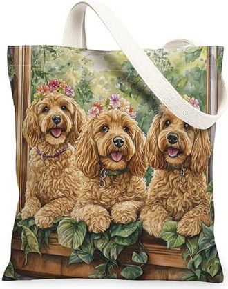 Generic Sac fourre-tout en toile motif chien gribouillage dor&eacute; printemps 33 x 38,1 cm, fen&ecirc;tre en pot, sac d&eacute;picerie r&eacute;utilisable pour femme, animal de compag