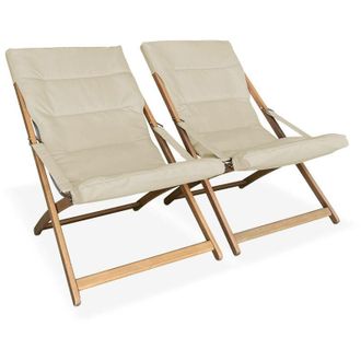 Sweeek Lot de 2 chiliennes beige en bois. pliables. assise rembourr&eacute;e