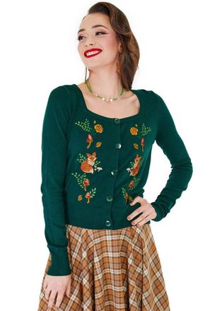 Voodoo Vixen Strickjacke Fox And Mushroom Cardigan Retro Vintage Fuchs F&uuml;chse