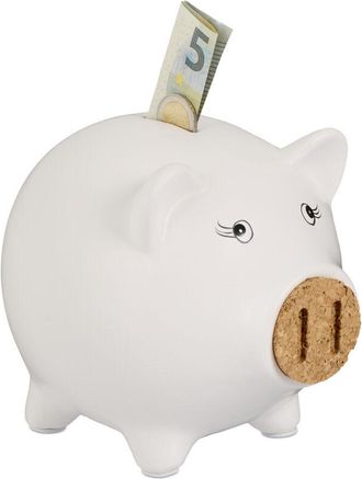 Relaxdays 10 x Sparschwein mit &Ouml;ffnung, Dolomit und Kork, Spardose f&uuml;r Kinder & Erwachsene, HxBxT: 15,5 x 15,5 x 19 cm, wei&szlig;/natur