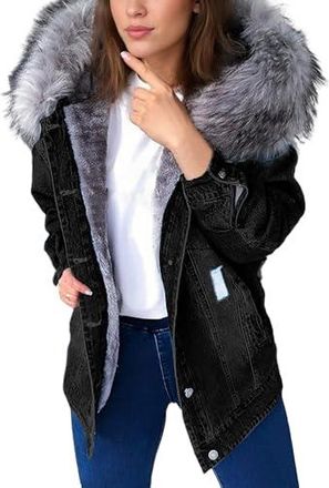 Generic Veste en jean doubl&eacute;e sherpa pour femme avec capuche en fausse fourrure, coupe oversize, chaude et &eacute;paisse, id&eacute;ale pour lhiver, noire, taille XS