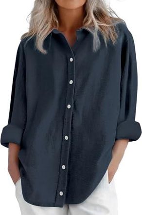 Generic Chemisier d&eacute;t&eacute; en lin pour femme - Manches longues - Chemise en lin pour femme - Grande taille - Chemisier en mousseline avec boutons - Col rond - Che