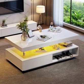 Generic Schwarzer Hochglanz-Couchtisch 95x50x42.5 cm - Mit 4 Glasplatten, 2 Schubladen & 2 Offenen Fächern - Stilvoller Unterschrank fürs Wohnzimmer (White)