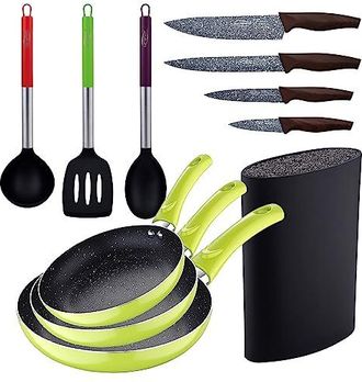 San Ignacio 3 Pfannen-Set (20 + 24 + 28 cm) grun gepresstes Aluminium mit 3 Stuck, Nylon-Kuchenutensilien, 4 Messern aus Edelstahl mit Tachoma/Block