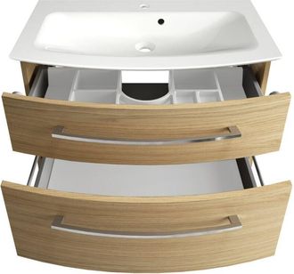 Fackelmann b.style Badm&ouml;bel Set mit Waschbecken mit Unterschrank 80 cm breit - LED-Spiegelschrank - Midischrank und Hochschrank in Holz braun