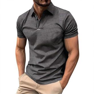 Generic Polo pour homme europ&eacute;en, pur, color&eacute; et polyvalent avec col ample, boutonni&egrave;re, col ouvert, manches courtes de sport c&ocirc;tel&eacute;es, gris fonc&eacute;, XXL