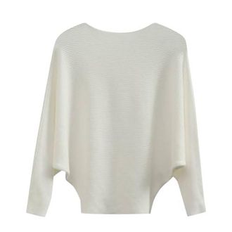 Generic Pull en tricot &agrave; manches chauve-souris et col bateau pour femme - Automne et hiver - Long pull chaud en tricot c&ocirc;tel&eacute;, blanc, Taille unique