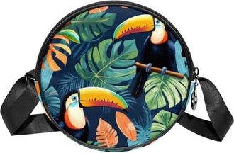 Generic Sac &agrave; bandouli&egrave;re rond pour femme, motif plantes tropicales, perroquet, petit sac &agrave; bandouli&egrave;re avec fermeture &eacute;clair, bretelles r&eacute;glables, sac &agrave; main