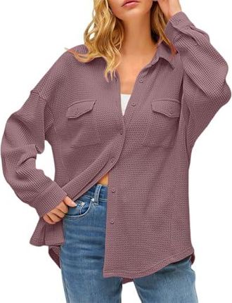 Generic Vestes pour femmes 2026 en velours c&ocirc;tel&eacute;, chemisiers boutonn&eacute;s, manches longues, hauts &agrave; manches longues, violet clair, XXL