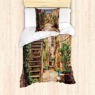 Abakuhaus Italien Bettbezug Set f&uuml;r Einzelbetten, Alte Steinstra&szlig;enh&auml;user, Milbensicher Allergiker geeignet mit Kissenbezug, Mehrfarbig