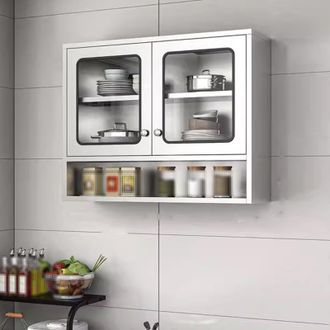 Generic K&uuml;chenh&auml;ngeschrank Mit T&uuml;ren Aus Sicherheitsglas 304 Wandschrank Aus Edelstahl Verstellbare Einlegeb&ouml;den Magnetverschluss Mehrzweckschrank F&uuml;r Bad Und