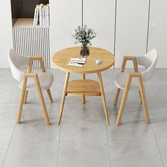 Generic Set Aus 2 Wei&szlig;en St&uuml;hlen + 1 Rundem Tisch Aus Naturholz for Den Empfang - Moderne Holzmaserung Mit Sitzfl&auml;chen Aus PU-Leder for B&uuml;ro Oder Lounge