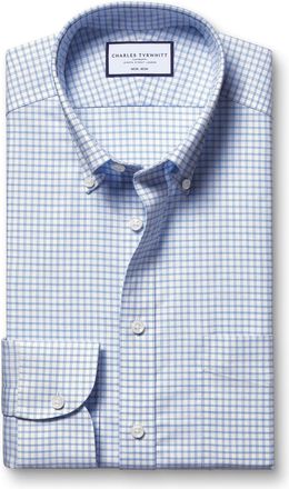 CHARLES TYRWHITT Bügelfreies Stretch-Oxfordhemd mit Karos - Kornblumenblau Knopfmanschette