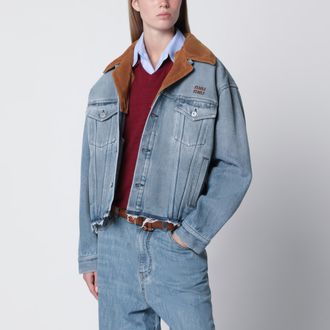 Miu Miu Washed-Denim-Jacke mit Kragen aus Wildleder