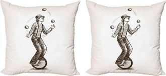 Abakuhaus Zirkus Kissenbezug Set (2Stück), Jongleur Clown auf Rad, doppelseitiges Digitaldruckdekor mit Reißverschluss, 50 cm, Braun und weiß