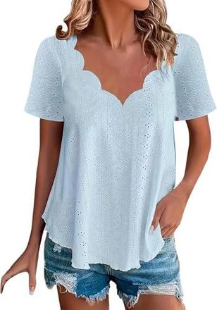 Generic Haut uni à manches courtes pour femme - Facile à porter - Couleur unie - Col en V - Confortable - Respirant - Col en V - Pour la vie quotidienne - Cad