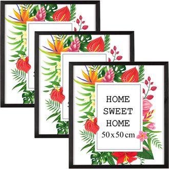 MG Design Set aus 3 Schwarz Bilderrahmen 50 x 50 cm - Aus echtem Holz mit Acrylglas, zum Aufh&auml;ngen & Aufstellen, f&uuml;r Fotos, Poster & Puzzle