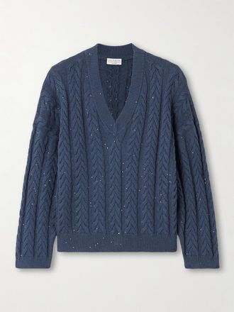 Brunello Cucinelli Pull En Coton M&eacute;lang&eacute; &Agrave; Mailles Torsad&eacute;es Et &Agrave; Sequins - Bleu