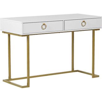 Beliani Table Console Blanche et Dorée avec 2 Tiroirs Poignées Design Idéale comme Coiffeuse ou Bureau pour Chambre ou Salon Glamour Beliani