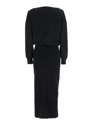 P.A.R.O.S.H. Womens Black Round Neck Dress With Draped Waist Wool