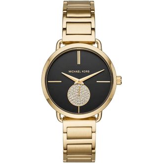 Michael Kors Portia MK3788 Damen 36,5 mm Gold Edelstahl Armbanduhr mit schwarzem Ziffernblatt