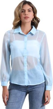Allegra K Hauts Transparents en Maille pour Chemise boutonn&eacute;e &agrave; Manches Longues et col Pointu pour Femme Bleu Clair XS