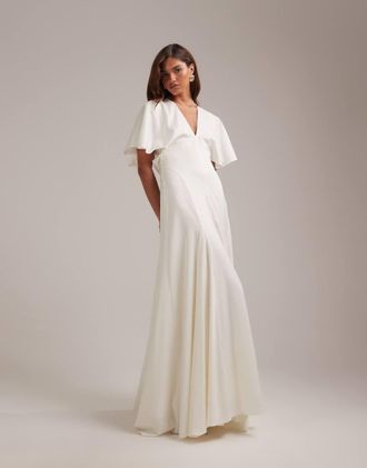 Asos Robe longue de mari&eacute;e &agrave; mancherons et godets - Ivoire-Blanc