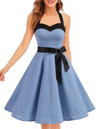 Dresstells Cocktailkleid Damen Elegant Rockabilly Kleider Etuikleid Festlich Vintage Kleid Curvy Neckholder Partykleid Jugendliche Sommerkleid Knielang Blue Smal