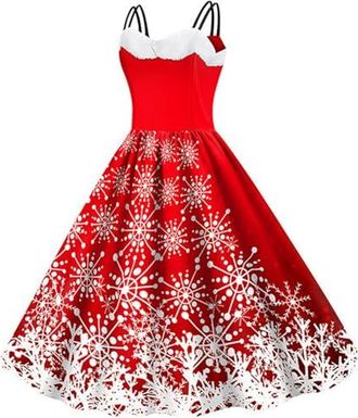 Generic Robe de No&euml;l &eacute;l&eacute;gante pour femme - Rouge - Avec bretelles spaghetti - Motif de No&euml;l - Robe de soir&eacute;e - Hepburn Swing classique - V&ecirc;tements de No&euml;l - R
