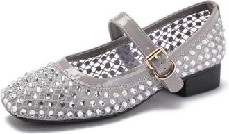 Generic Chaussures Mary Jane en maille respirante et décorée de strass pour femme - Bout carré - Légères et décontractées, gris, 37.5 EU
