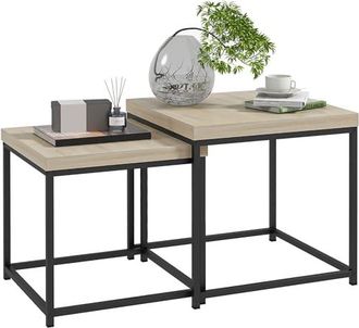 HOMCOM Lot de 2 Tables gigognes Tables Basses carr&eacute;es Tables de Salon Cadre en Acier et Plateaux en Bois Clair