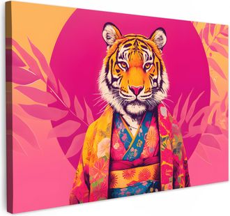 MuchoWow © Leinwandbild Groß 120x80 cm XXL Dekoration Wohnzimmer Bilder Pictures Wall Decoration Living Room Wohnungs Deko Moderne Bild Tiger - Kimono - Pflanz