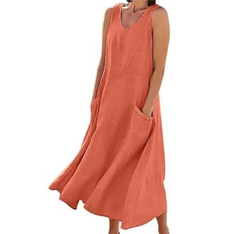 Generic Robe longue d&eacute;t&eacute; pour femme - Col en V - Sans manches - Vintage - Couleur unie - Robe d&eacute;t&eacute; ample - Grandes tailles - Robe de plage l&eacute;g&egrave;re et confortab