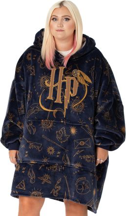 Harry Potter Damen tragbarer Decken-Hoodie | Grauer Kapuzenpullover f&uuml;r Erwachsene mit Hogwarts-Grafik im Allover-Print | Einheitsgr&ouml;&szlig;e, Sherpa-gef&uuml;tterte Loungewe