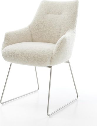 DELIFE Esszimmerstuhl Alja-Flex mit Armlehnen Teddystoff Beige Kufengestell Edelstahl Taschenfederkern, Esszimmerst&uuml;hle