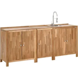 Beliani Outdoor-K&uuml;che 3er Set mit Sp&uuml;le VENOSA Akazienholz Braun / Silber