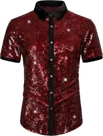 Generic Chemise disco vintage des ann&eacute;es 70 pour homme - Chemise boutonn&eacute;e &agrave; paillettes - Chemise &agrave; manches courtes - Coupe ajust&eacute;e - Chemise m&eacute;tallique r&eacute;tro