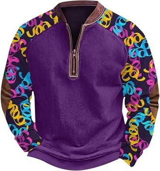 Generic Sweat-shirt pour homme sans capuche - V&ecirc;tement de f&ecirc;te avec col &eacute;clair 1/4 - T-shirt &agrave; manches longues tendance - Streetwear - Coupe droite - Conforta