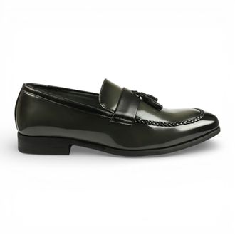 Infinity Leather Herren-Loafer aus olivgr&uuml;nem, hochgl&auml;nzendem Lackleder mit Quasten