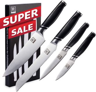 Zayiko NAMI 4-teiliges Kochmesser Set - Edelstahl Küchenmesser mit 8,5-20 cm Klingenlänge, Chefmesser, Brotmesser, Allzweckmesser, Officemesser, ABS-Griff, s
