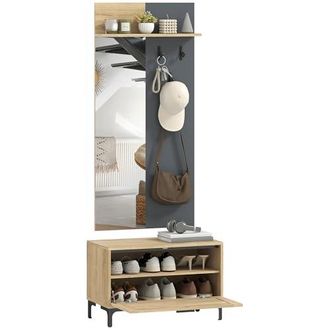 HOMCOM Garderobe Set, Garderobe mit Spiegel, Haken, Schuhbank, Ablage, Garderobenst&auml;nder, Garderobenset, Flurgarderobe mit Klappschublade, f&uuml;r den Flur, 60 x