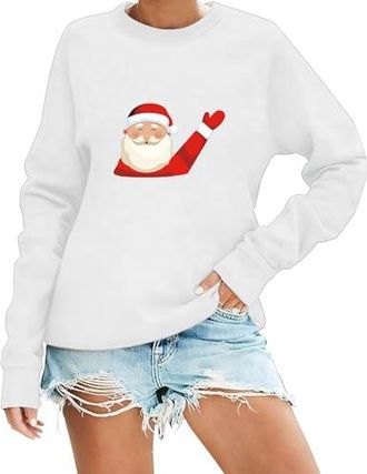 Generic Sweat-shirt de Noël pour femme - Pull de Noël moche amusant à col rond - Pull décontracté à manches longues - Imprimé Père Noël mignon - Chemisier pou