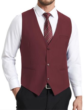 Hisdern Anzugwesten f&uuml;r Herren Burgund Formelle Hochzeit Anzug Westen Klassische Einfarbig Weste Elegant Smoking Anzugweste M&auml;nner mit Taschen XXL