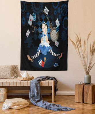 Abakuhaus Alice im Wunderland Wandteppich, Grown Giant Girl Sitting Flying Cards und Rose kariert Cartoon, aus Weiches Mikrofaser Stoff Wand Dekoration Für Schl