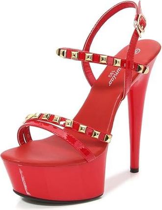 Generic Rouge,34 EU,Sandales à lanières cloutées pour Femmes, Bout Ouvert, Plateforme, Talons Aiguilles, Bride à la Cheville, Chaussures de soirée de Mariage