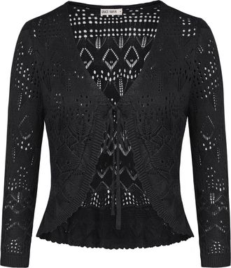 Grace Karin Damen Kurz Shrug Tie-Front Knitwear Bolero Bolero 3/4 Ärmel V-Ausschnitt Strickjacke Leichter Casual Cardigan für Kleider Tops XL Schwarz CL2952S24-01