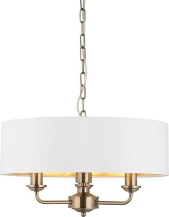 Endon Lighting Highclere Plafonnier suspendu à un seul abat-jour, plaque en laiton antique, tissu blanc vintage - Endon