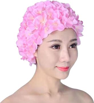 Generico S&uuml;&szlig;e Badekappe - Vintage-Blumen-Design mit 3D-Blumen, bequeme elastische Badekappe mit langem Haar | Badekappe f&uuml;r Frauen, Erwachsene, Kinder, Pool, S